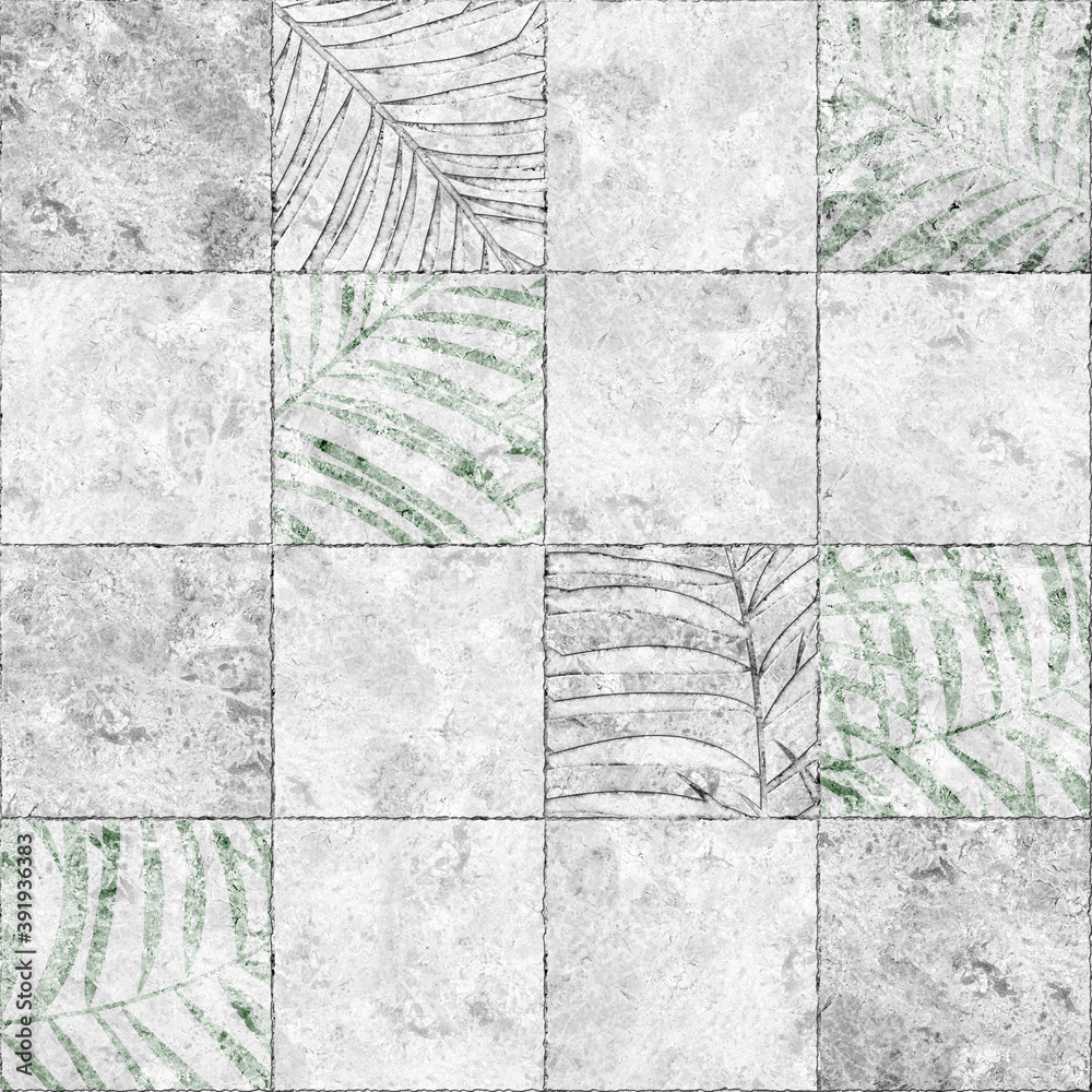 Decorative stone tiles with tropical leaves pattern and natural marble ...