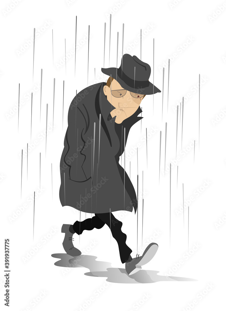 Sad Man Walking In Rain Drawing