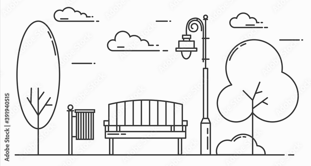 Outline city park, bench, lights and trees. Landscape sketch. Creative ...