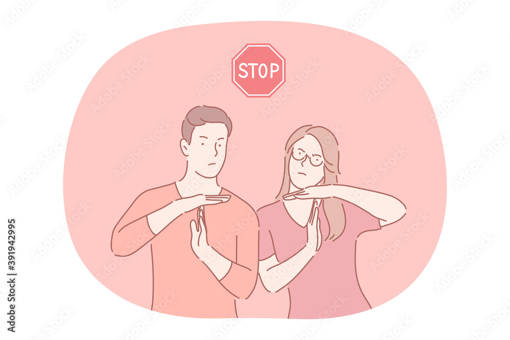 Stop, prohibiting gesture and sign concept. Young serious couple ...