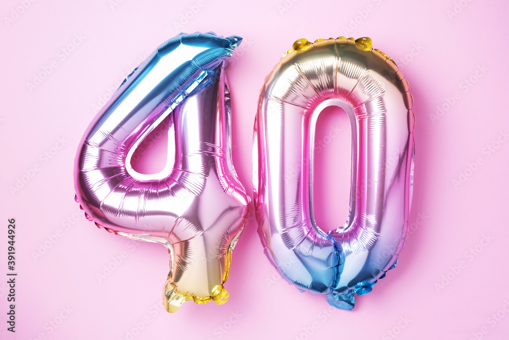 Rainbow foil balloon number, digit forty. Birthday greeting card with ...