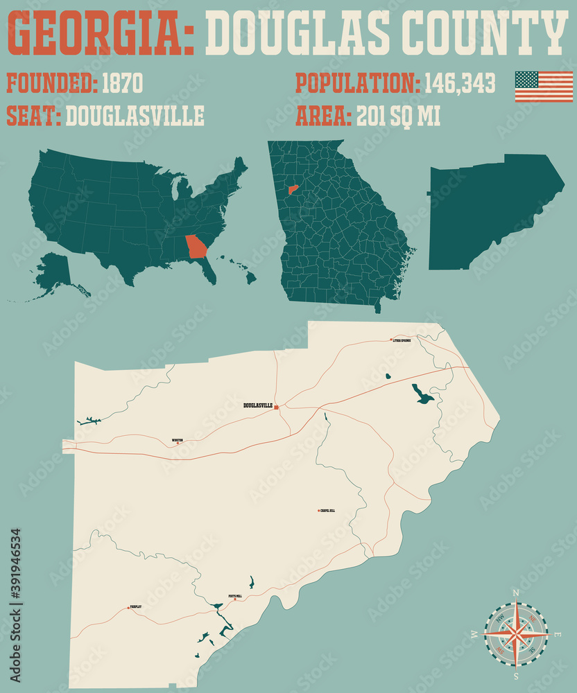 Large and detailed map of Douglas county in Georgia, USA. Stock Vector ...