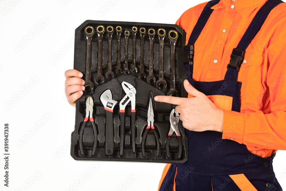 Really good tools. Toolbox talk. Mechanic Tool Box. Man in uniform ...