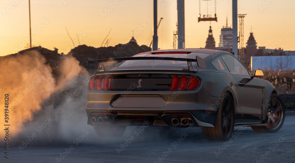 Ford Mustang Shelby GT500 drifting in a parking lot in an industrial ...