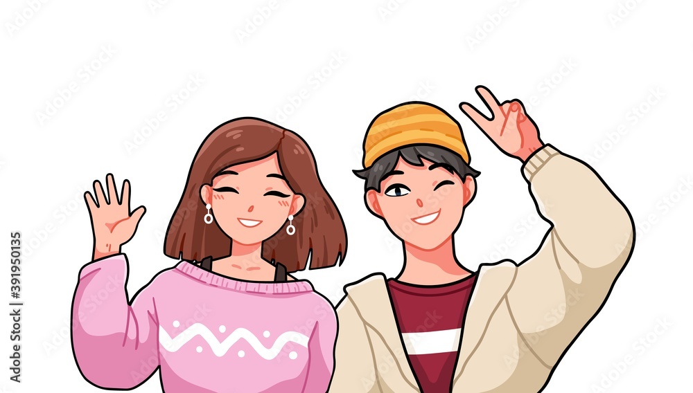 Portrait of cute smiling anime boy and girl showing hello gestures ...