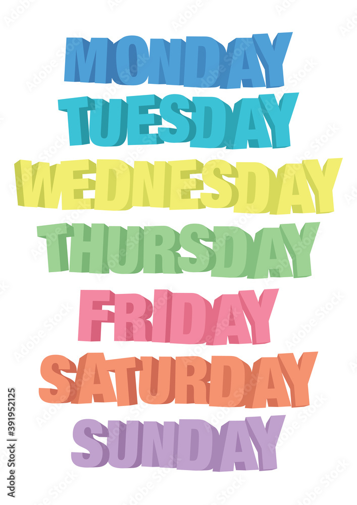 3D font of days of the week: monday, tuesday, wednesday, thursday ...