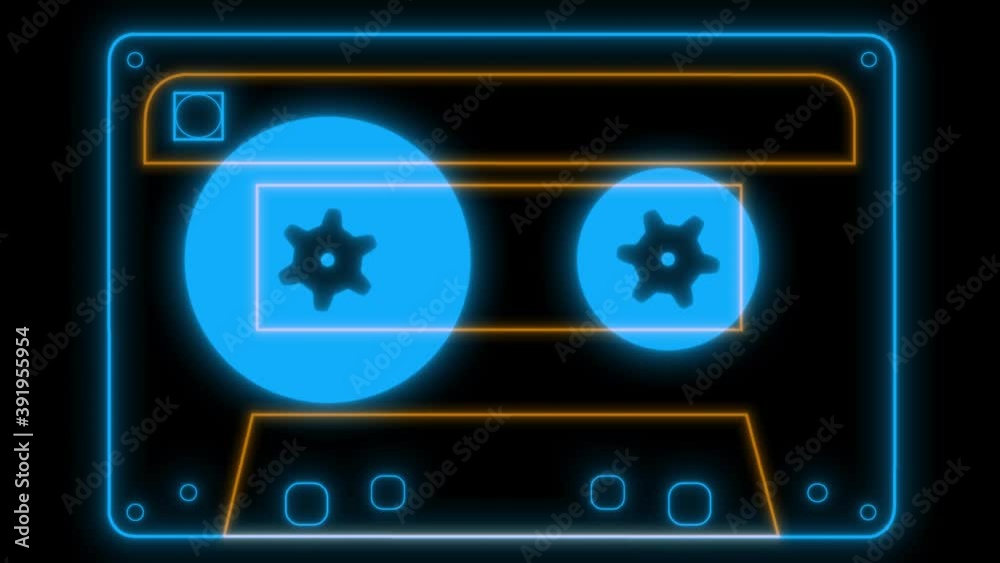 Vintage neon cassette tape animation template. Music notes and spectrum ...