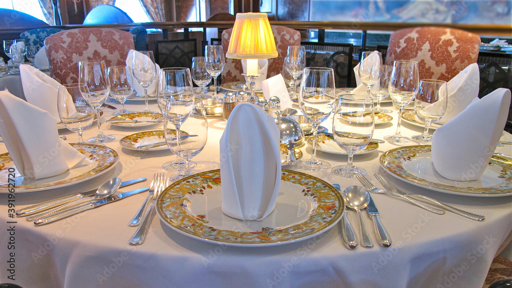 Formal and elegant ocean view dining room restaurant onboard luxury ...