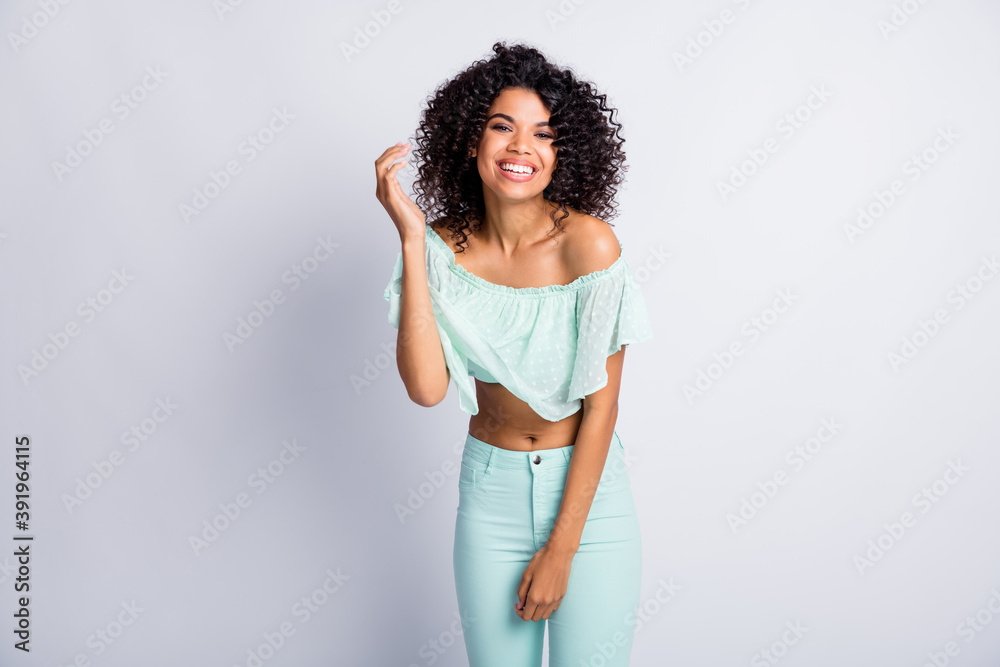 Photo portrait of black skinned girl laughing wearing mint stylish off ...