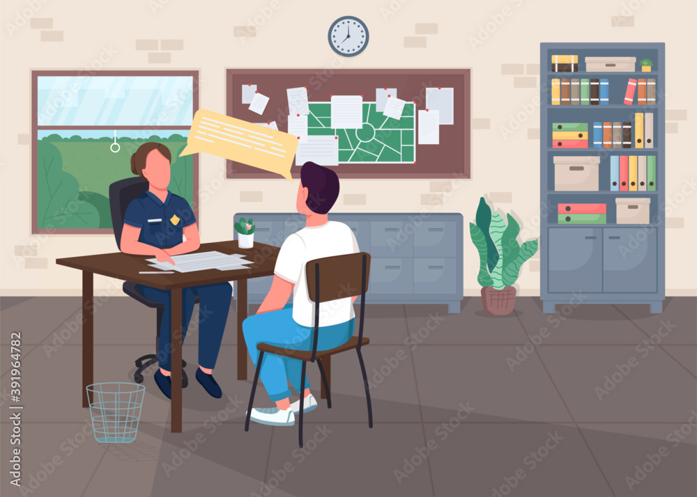 Police office flat color vector illustration. Legal department. Cop ...