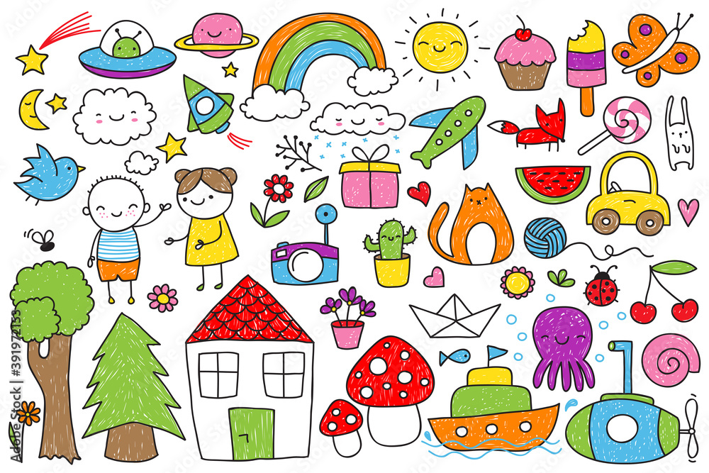 Collection of cute children's doodle of various animals, objects, kids ...