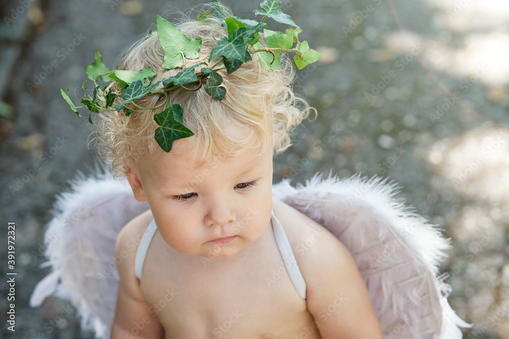 Face of little brooding angel boy with white feather wings in a wreath ...