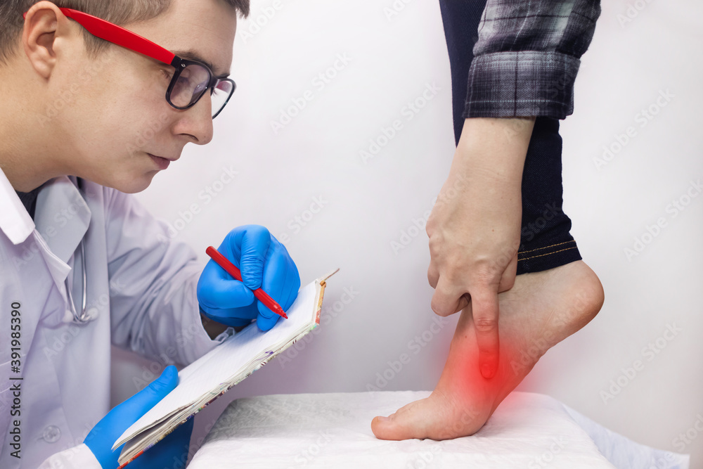 An orthopedic surgeon examines a woman's leg. Foot pain, tendon sprains ...