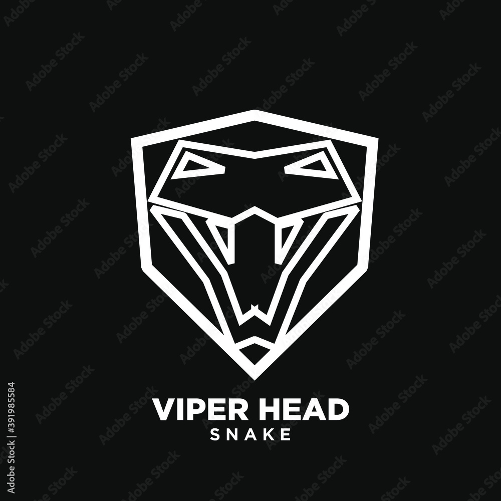 simplified viper snake head with big fangs and shield line outline logo ...