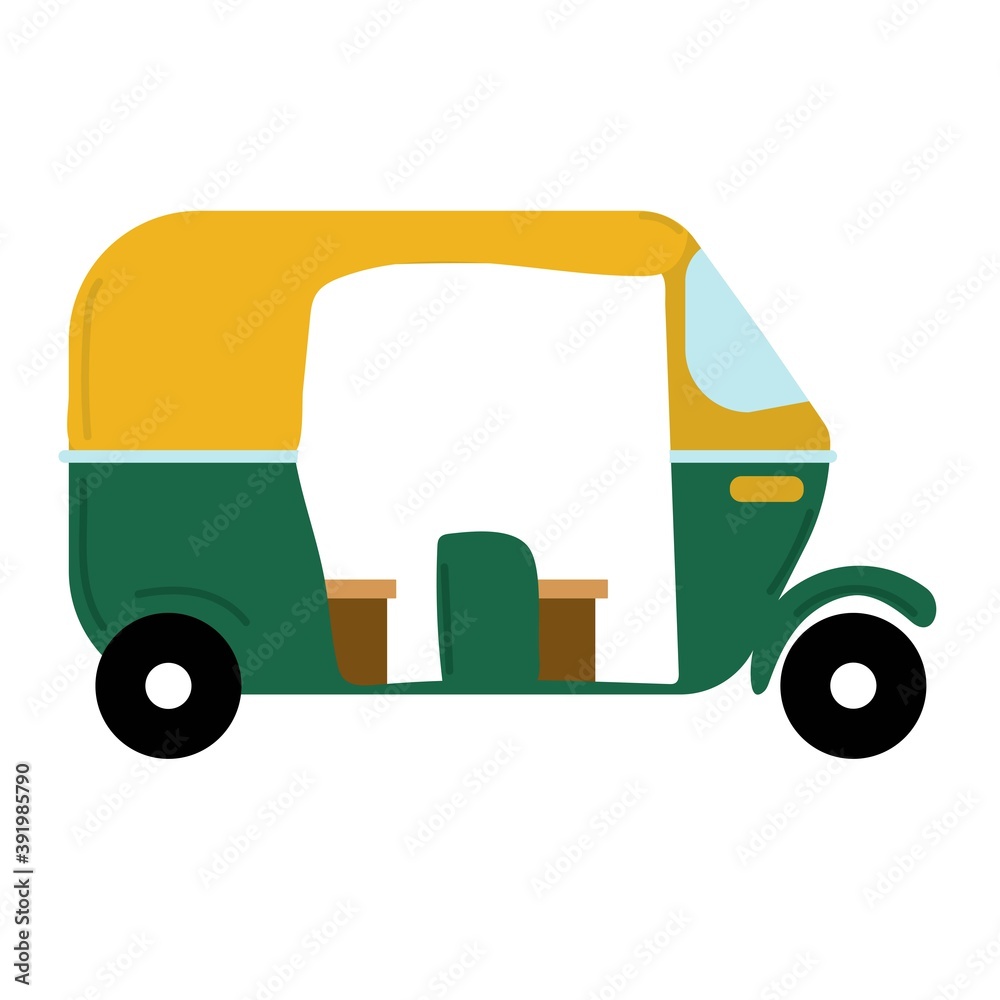 Flat style hand drawn rickshaw. Yellow and green. Symbol of India ...