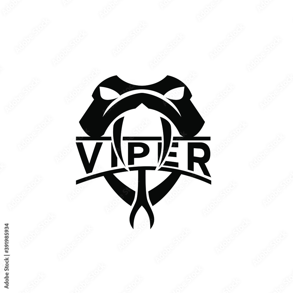 simplified viper snake head with big fangs and simple viper letter logo ...