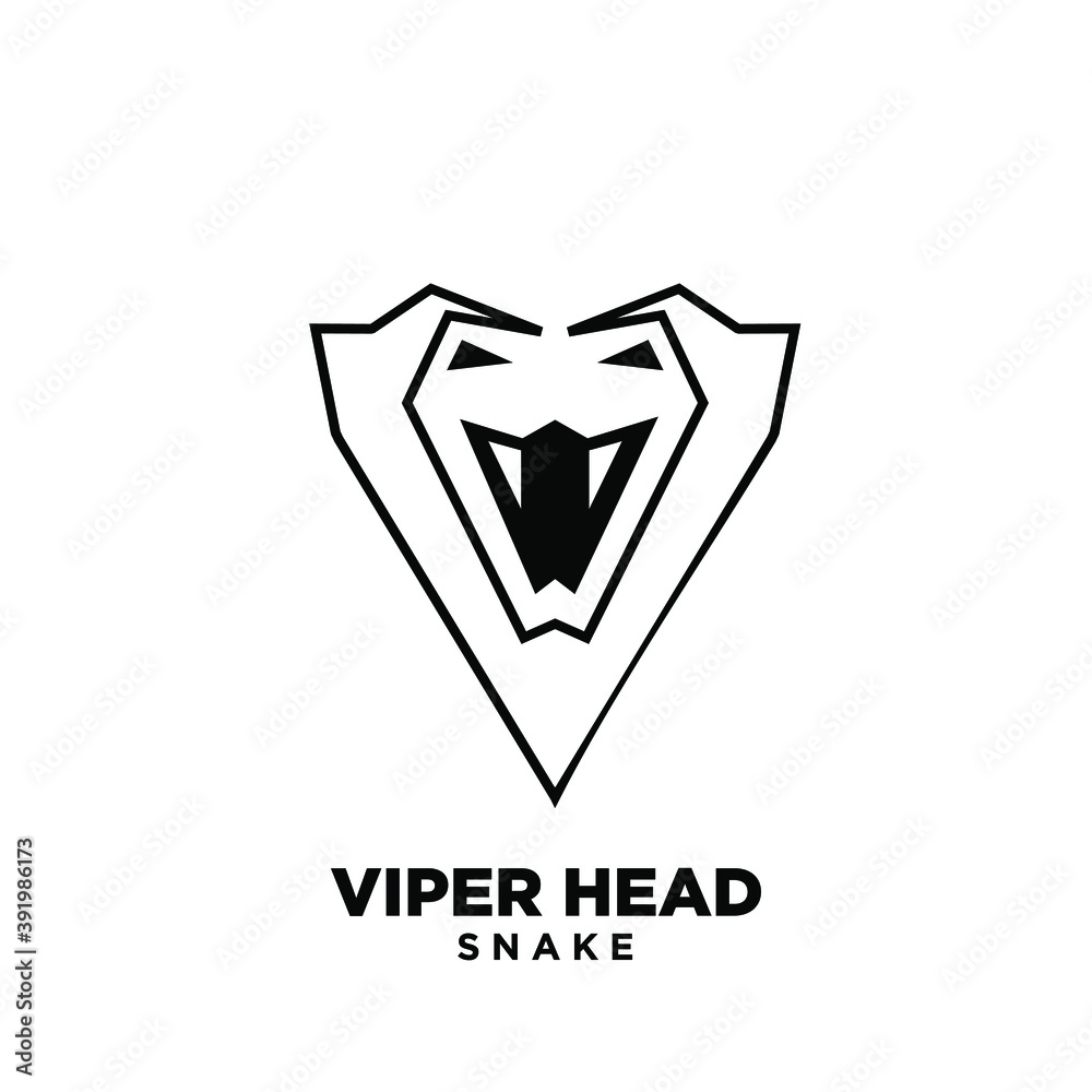 simplified viper snake head with big fangs and initial letter v line ...