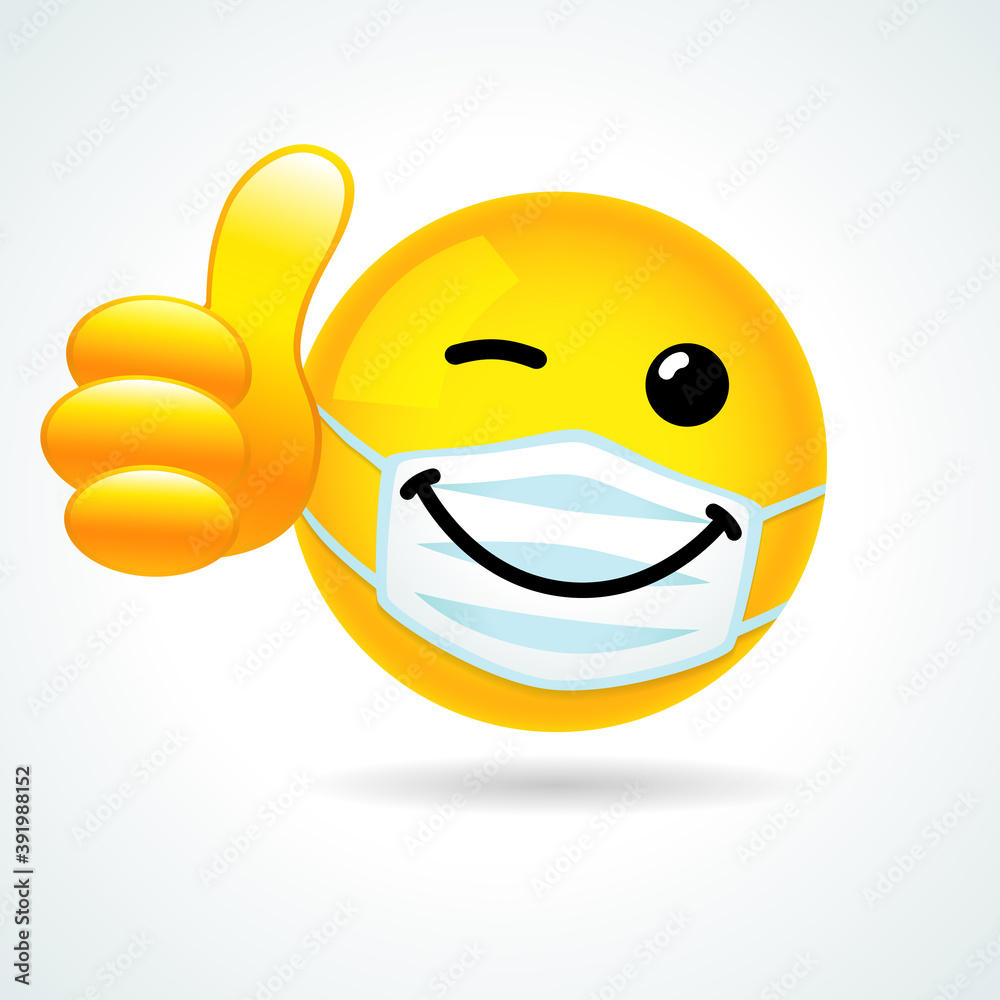 Emoji smile face with guard mouth mask showing thumb up. Yellow winking ...