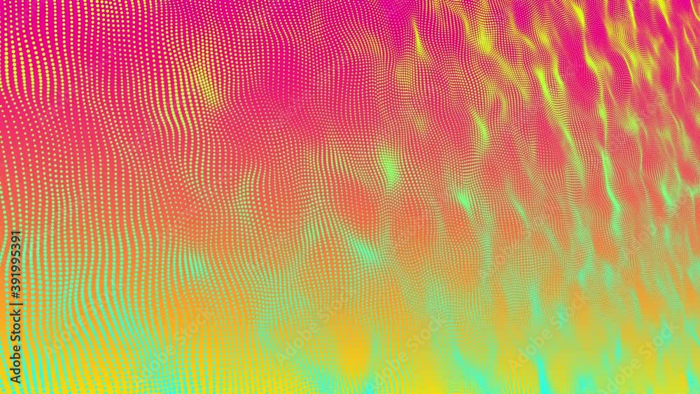 Particle flow, thousands of colorful particles flowing in a distorted ...