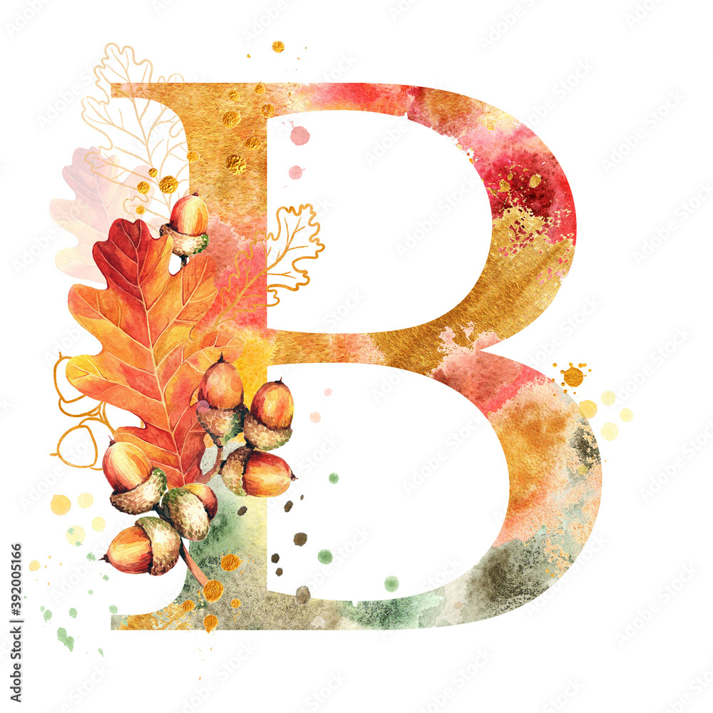 Fall Watercolor Letter B. Watercolor Autumn Alphabet. Monogram B with ...