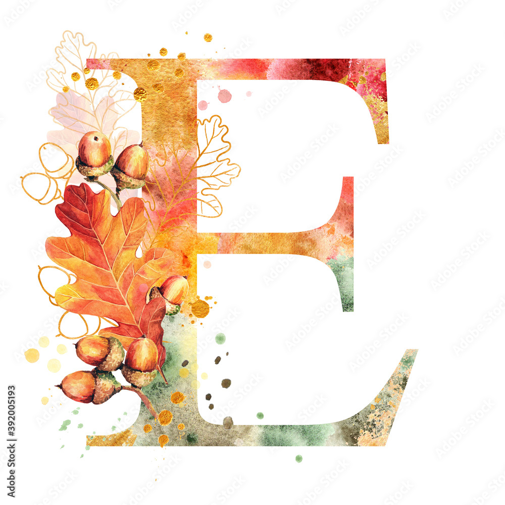 Fall Watercolor Letter E. Watercolor Autumn Alphabet. Monogram E with ...