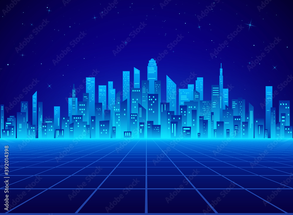 Neon retro city landscape in blue colors. Cyberpunk futuristic town ...