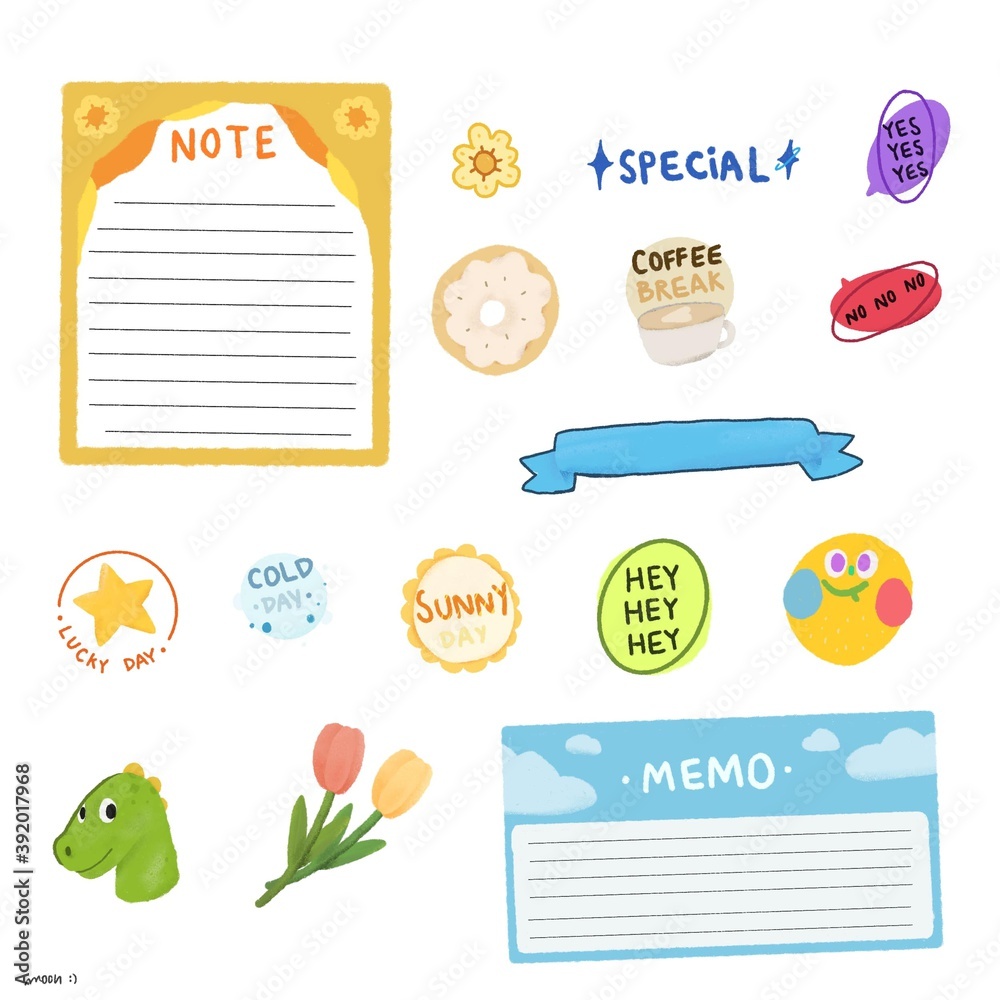 Cute Icon hand drawing with text and doodle for sticker note. Doodle ...