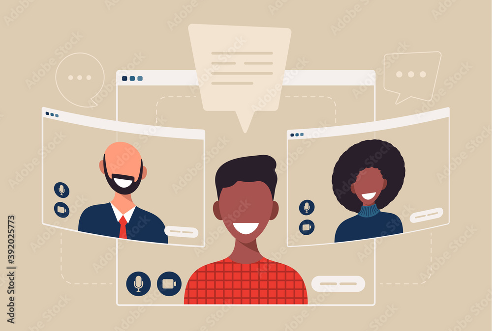 African student chatting during video call young man with chat bubble ...