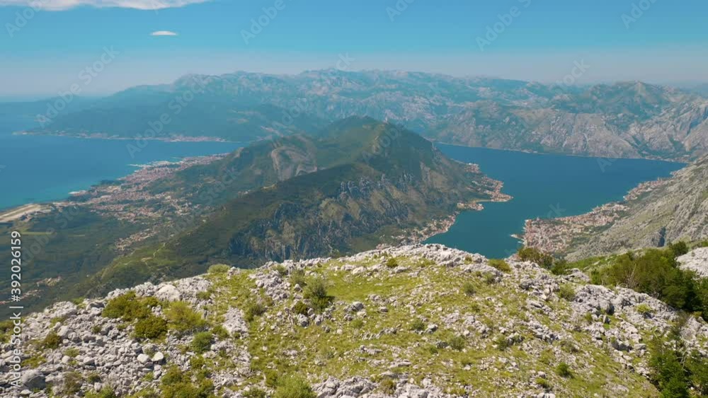 Kotor, Montenegro, Boka Kotorska. Aerial panoramic view of the Bay of ...
