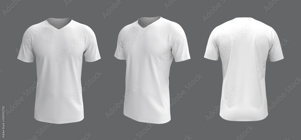 men's white v-neck short sleeve t-shirt mockup in front, side and back ...