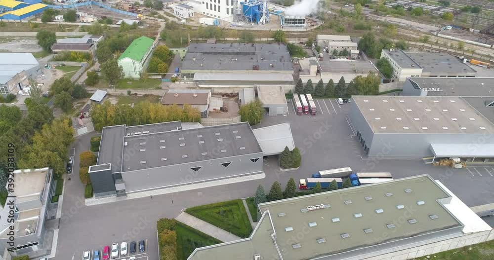 Factory with modern design top view. Modern factory aerial view. Flight ...