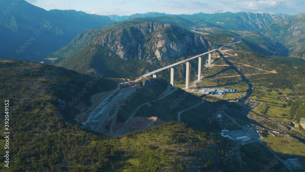 Montenegro. Aerial view of the truss bridge. Drone flying over the Mala ...