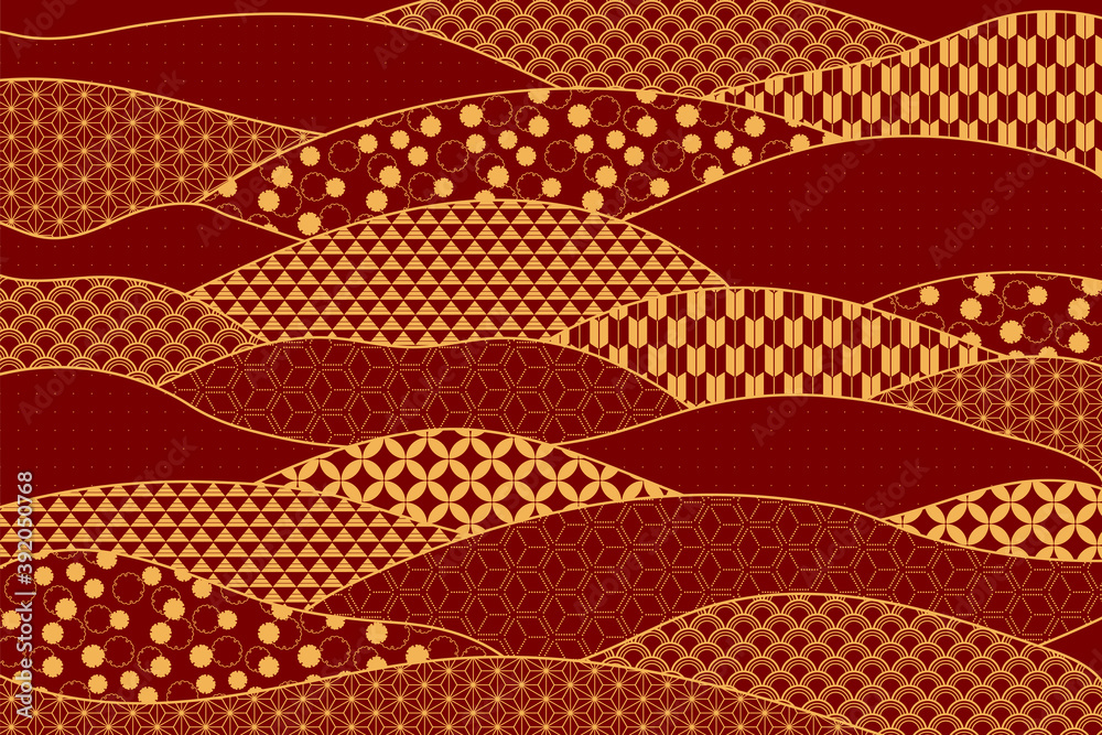 Traditional oriental patterns abstract background, gold on red ...
