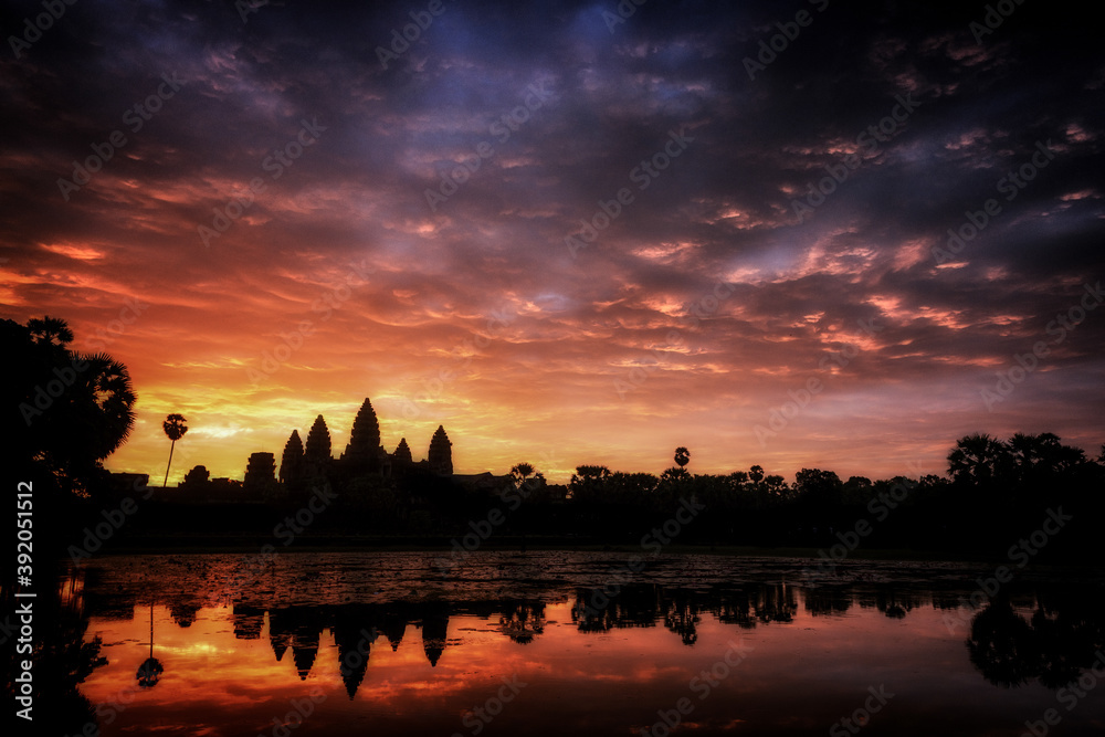 Angkor Wat, Siem Reap, Cambodia. Sunrise from reflection pool showing 5 ...