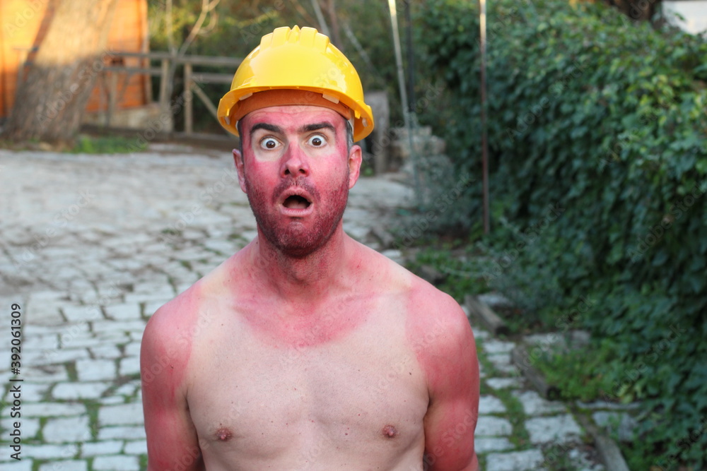 Hilarious construction worker with tank top tan lines Stock 写真 | Adobe ...