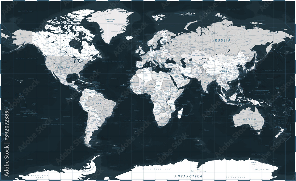World Map - Dark Black Grayscale Political - Detailed Illustration ...