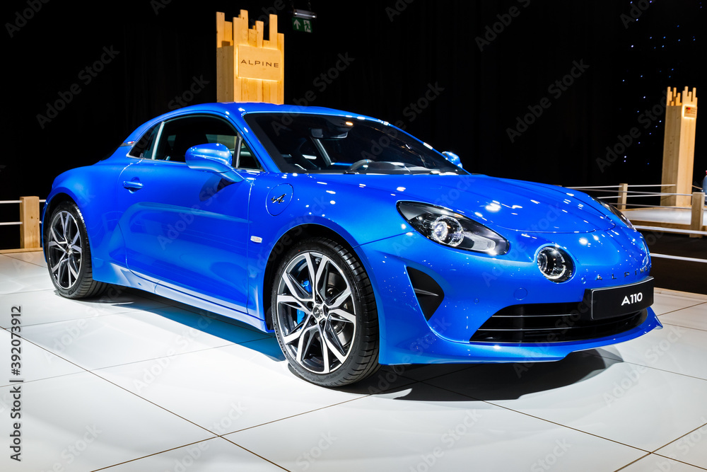Alpine A110 sports car at the Autosalon 2020 Motor Show. Brussels ...