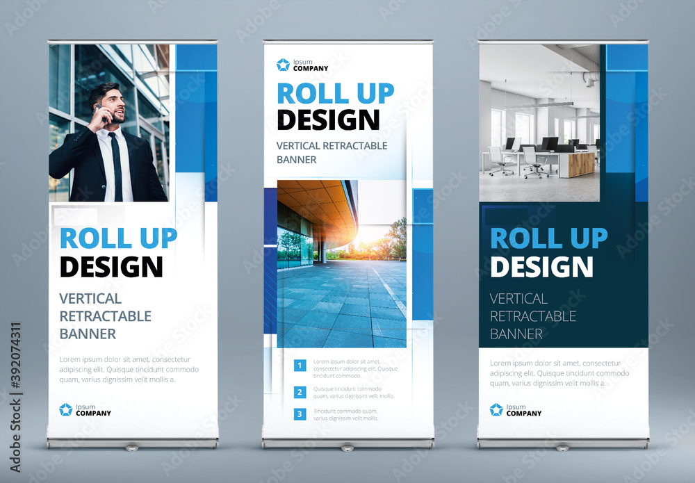 Blue Roll Up Layout with Rectangle Elements Stock Template | Adobe Stock
