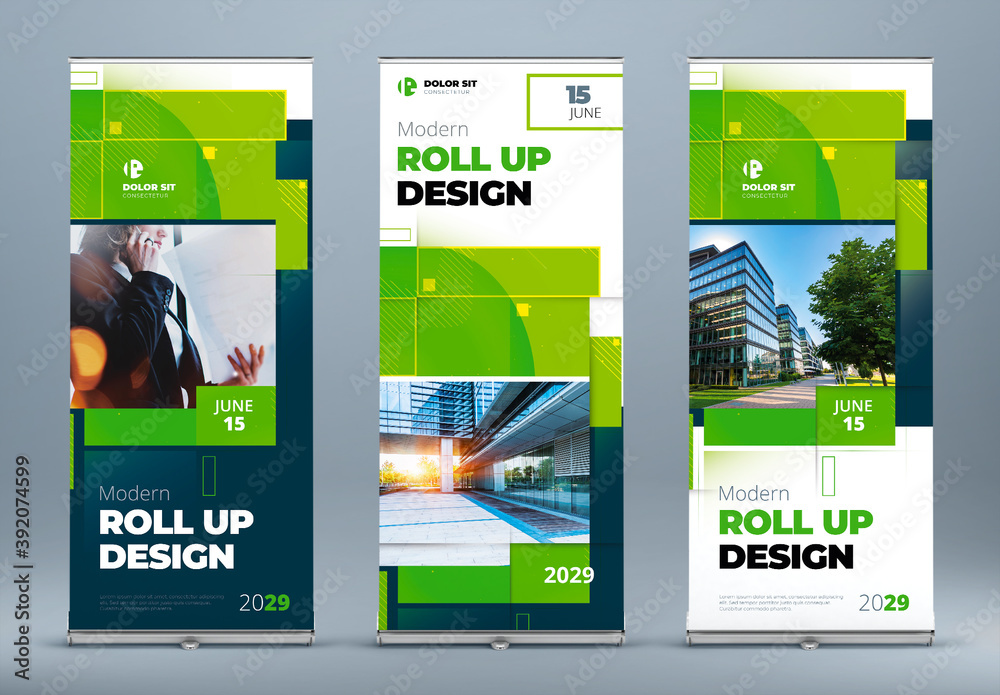 Green Roll Up Layout with Rectangle Elements Stock Template | Adobe Stock