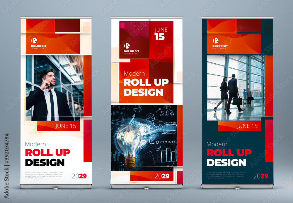 Red Roll Up Layout with Rectangle Elements Stock Template | Adobe Stock