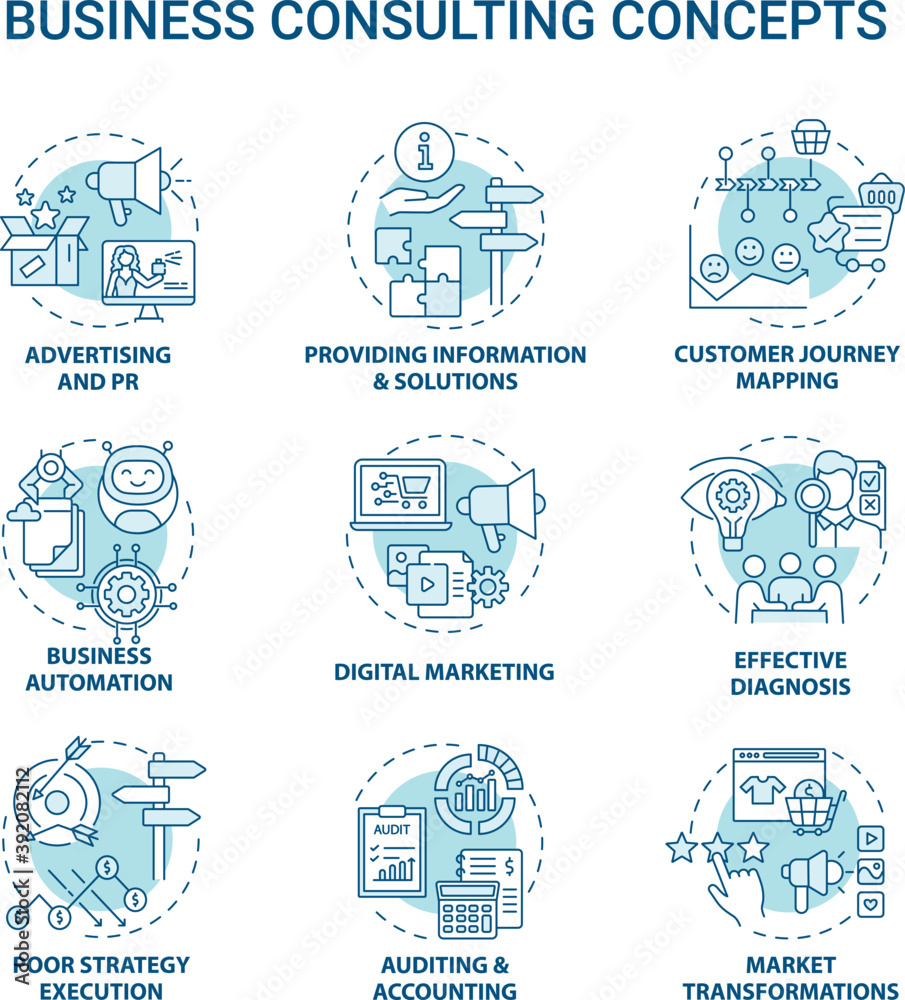 Business consulting concept icons set. Business challenges idea thin ...