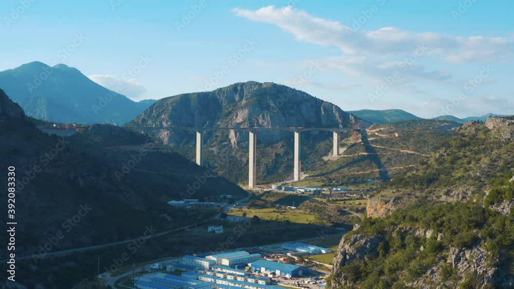 Montenegro. Aerial view of the truss bridge. Drone flying over the Mala ...