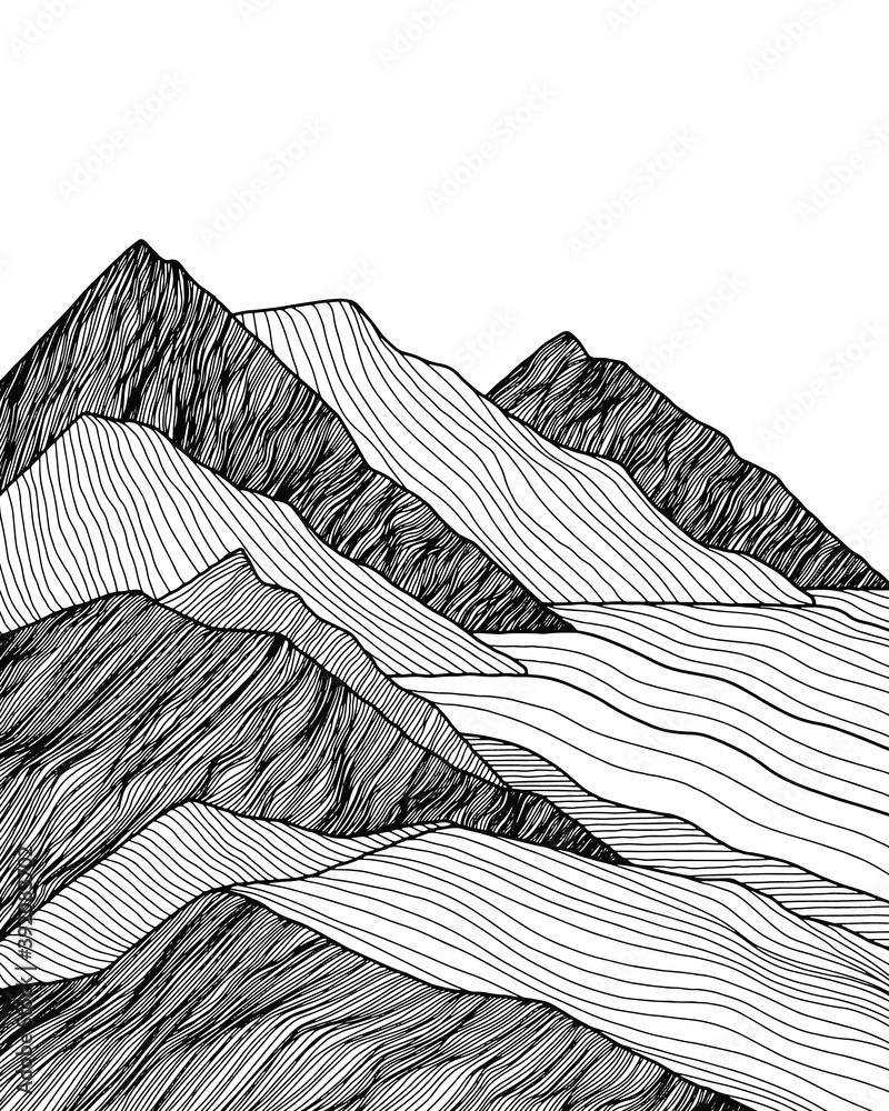 Abstract mountain line art landscape. Hand drawn illustration. Ocean ... Abstract mountain line art landscape. Hand drawn illustration. Ocean ...