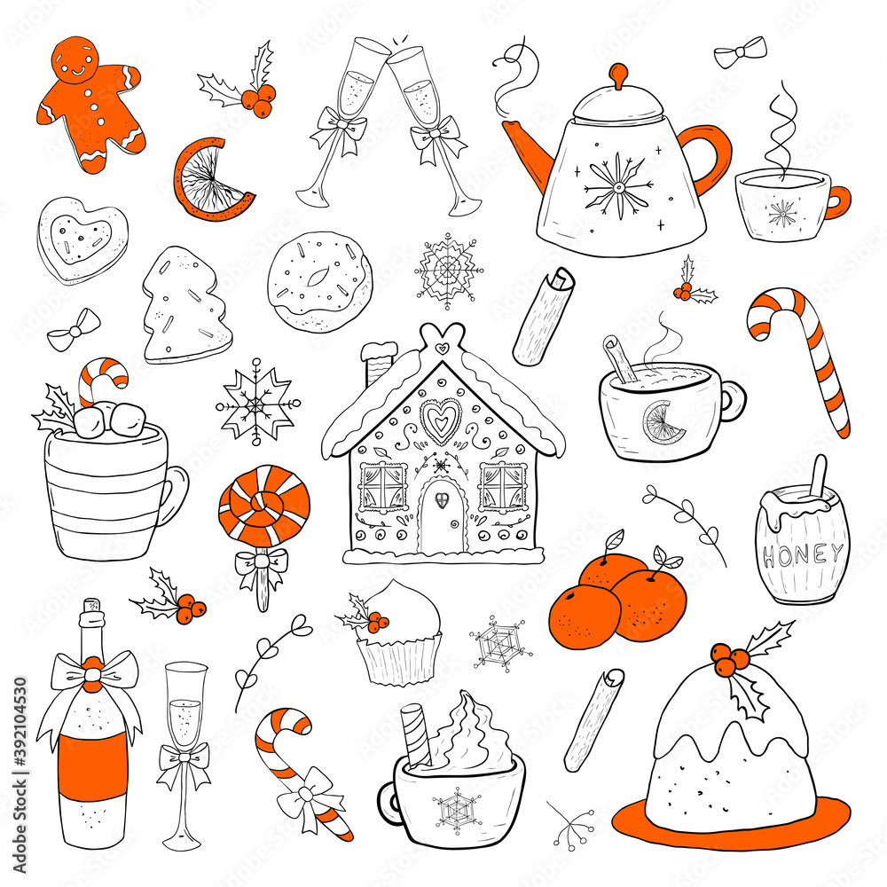 Christmas drinks and sweets doodle set. Holiday food hand drawn outline ...