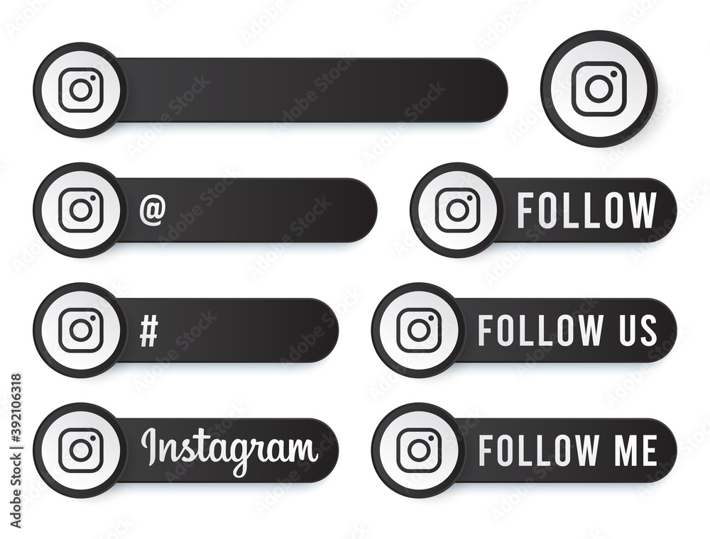 Instagram Buttons Collection with White Logo. Black Social Media Tags ...