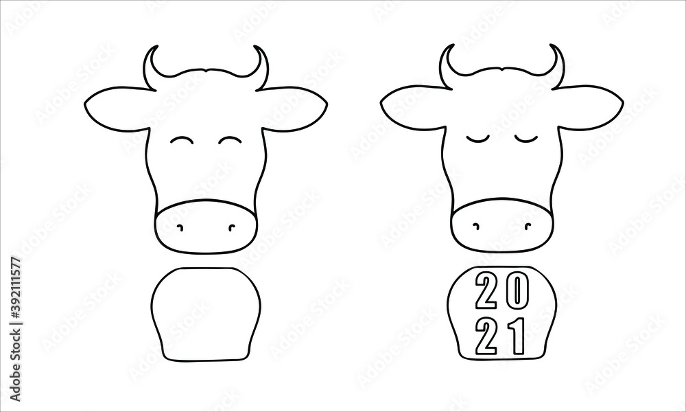 Ox head linear icon with bell in two versions: happy face and sad one ...