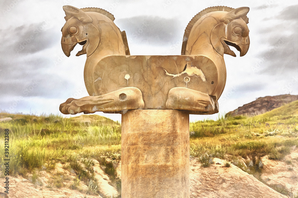 Huma bird capital column colorful painting, Persepolis, ceremonial ...