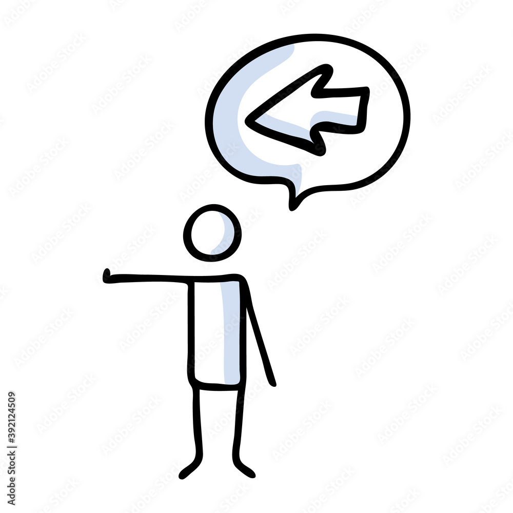 Hand drawn stickman with speech bubble pointing left direction. Simple ...