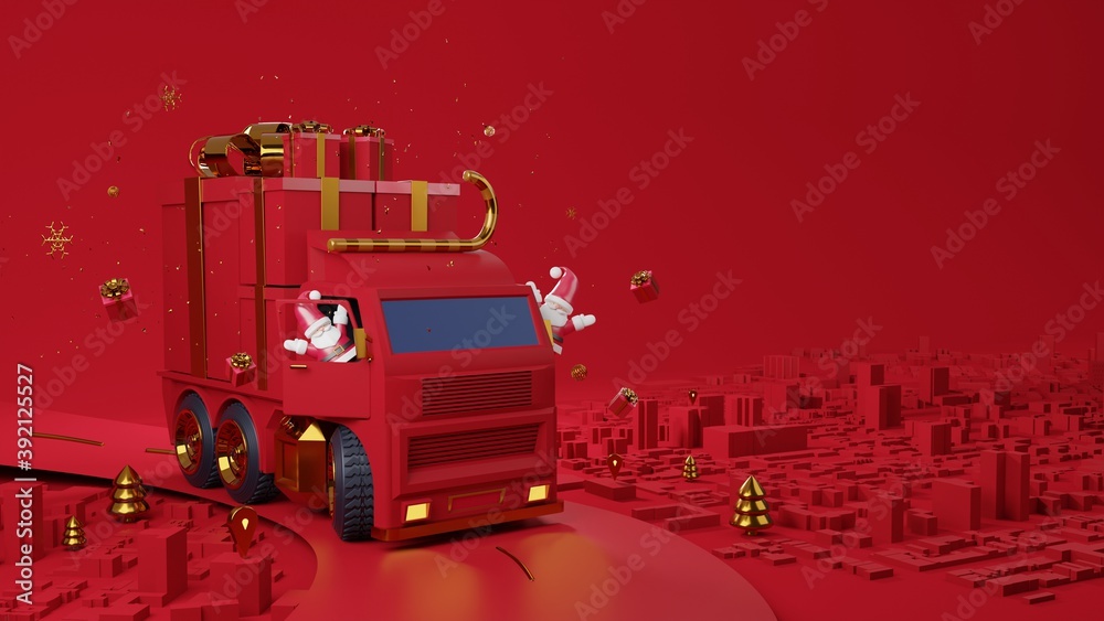 Santa Claus driving a gift box truck with candy canes and trees with ...