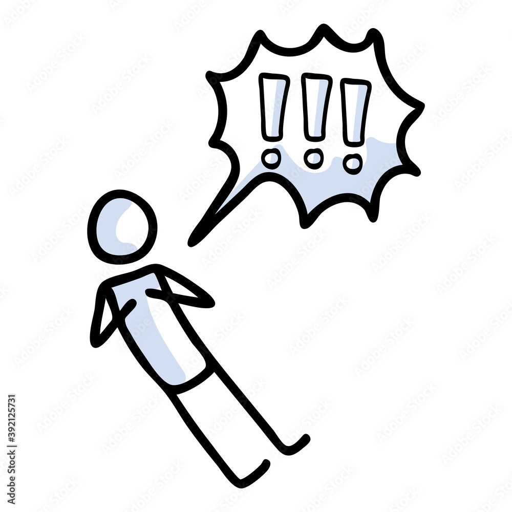 Hand drawn stickman shocked with speech bubble exclamation point ...